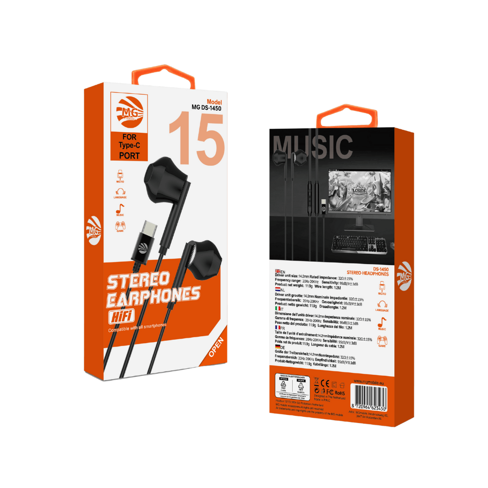 MG DS1450 Stereo Earphones – HiFi Type-C – Zwart – Telesun